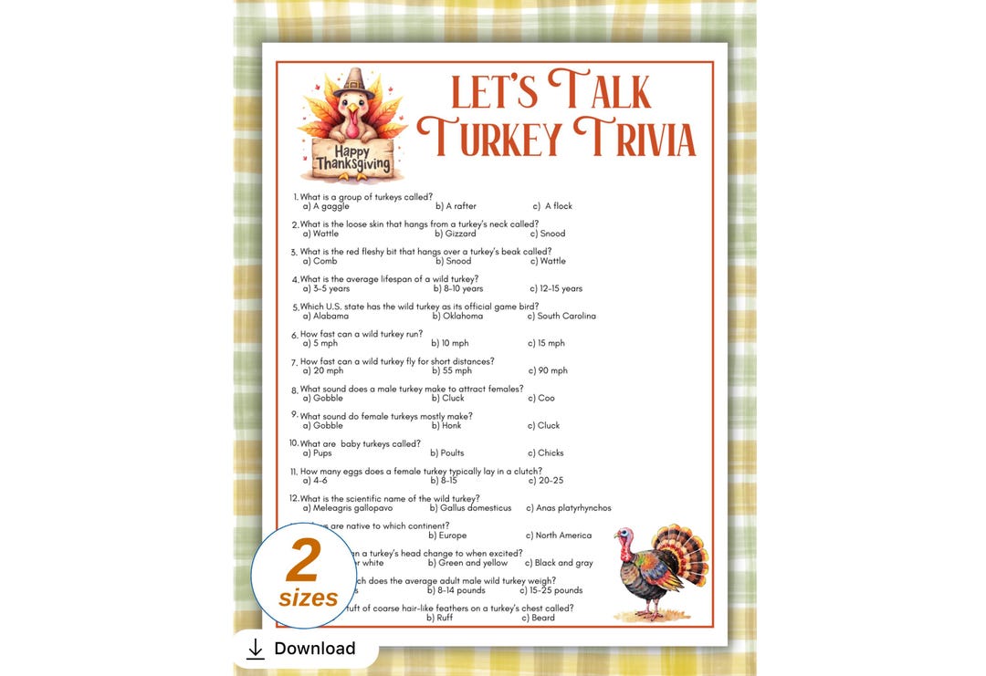 Turkey Trivia Quiz Printable, Thanksgiving Game, Fall Party Activity ...