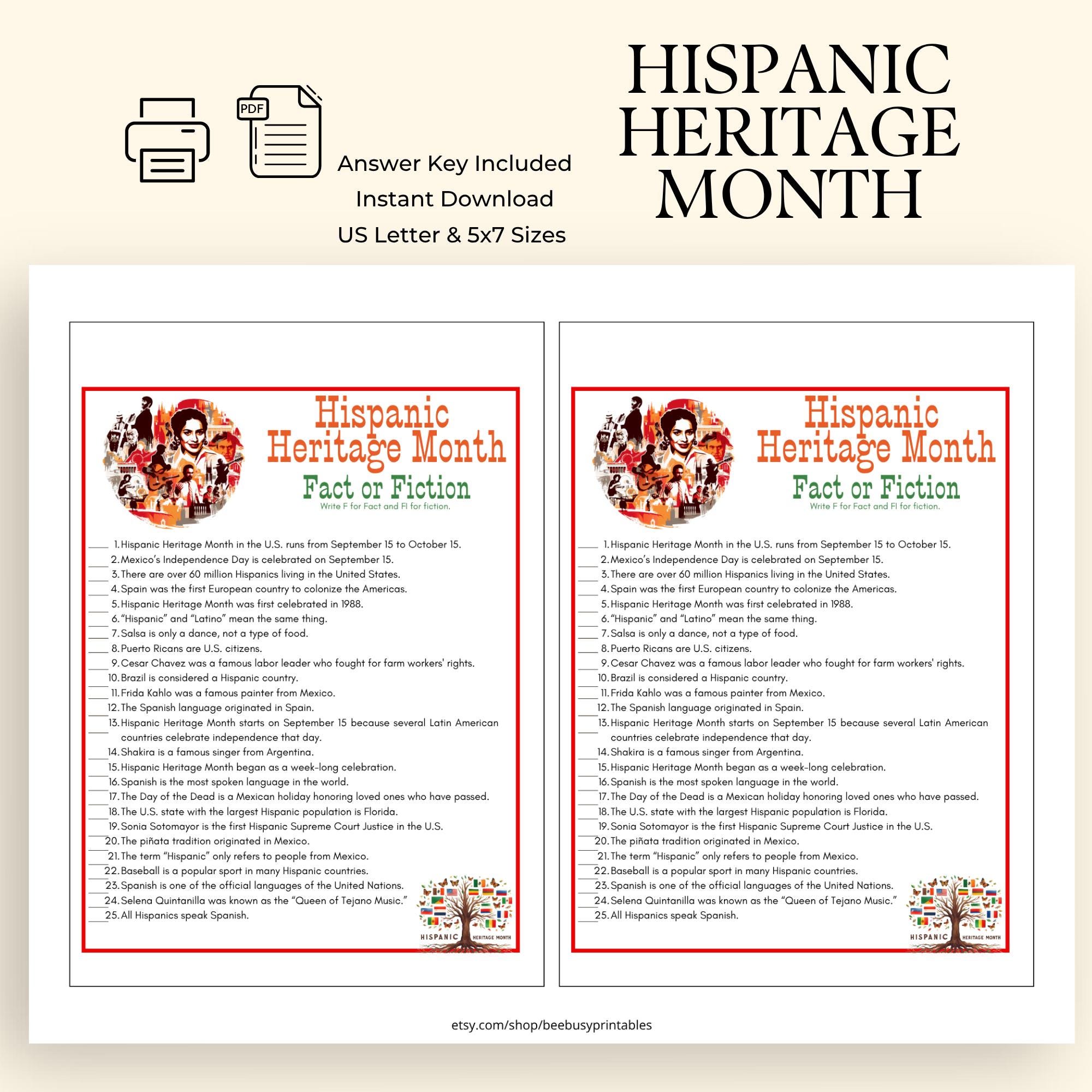Hispanic Heritage Month Fact or Fiction Game Printable, Hispanic ...