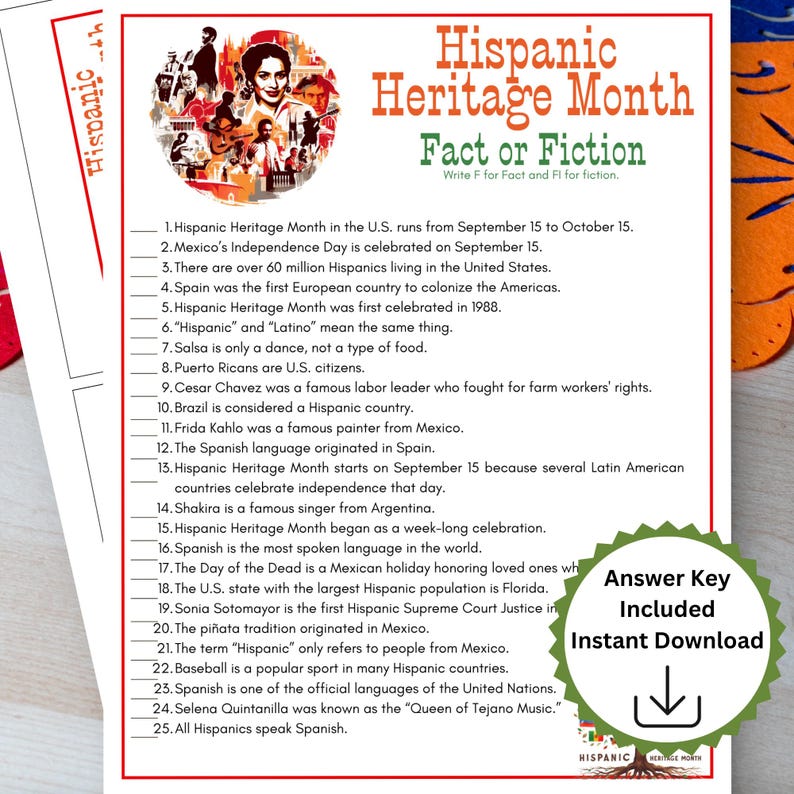 Hispanic Heritage Month Fact or Fiction Game Printable, Hispanic ...
