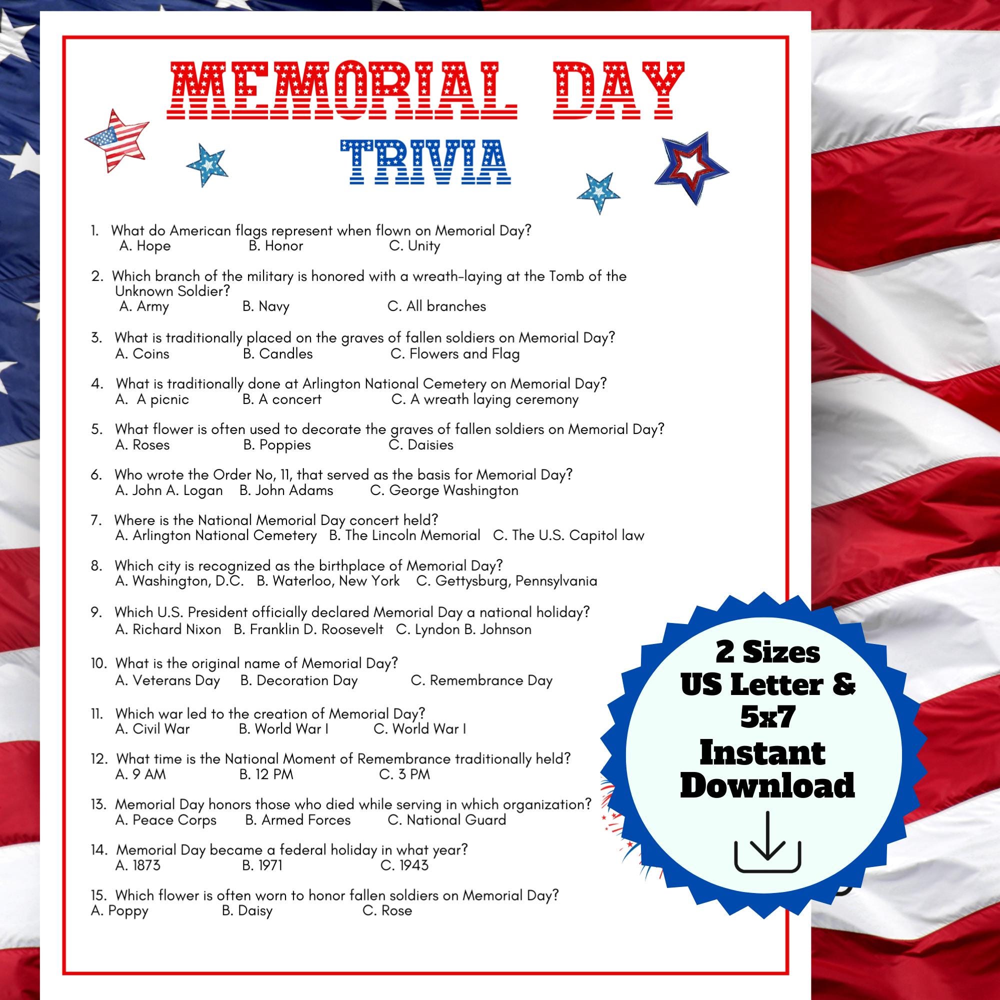 Memorial Day Trivia Printable, Memorial Day Celebration Activity ...