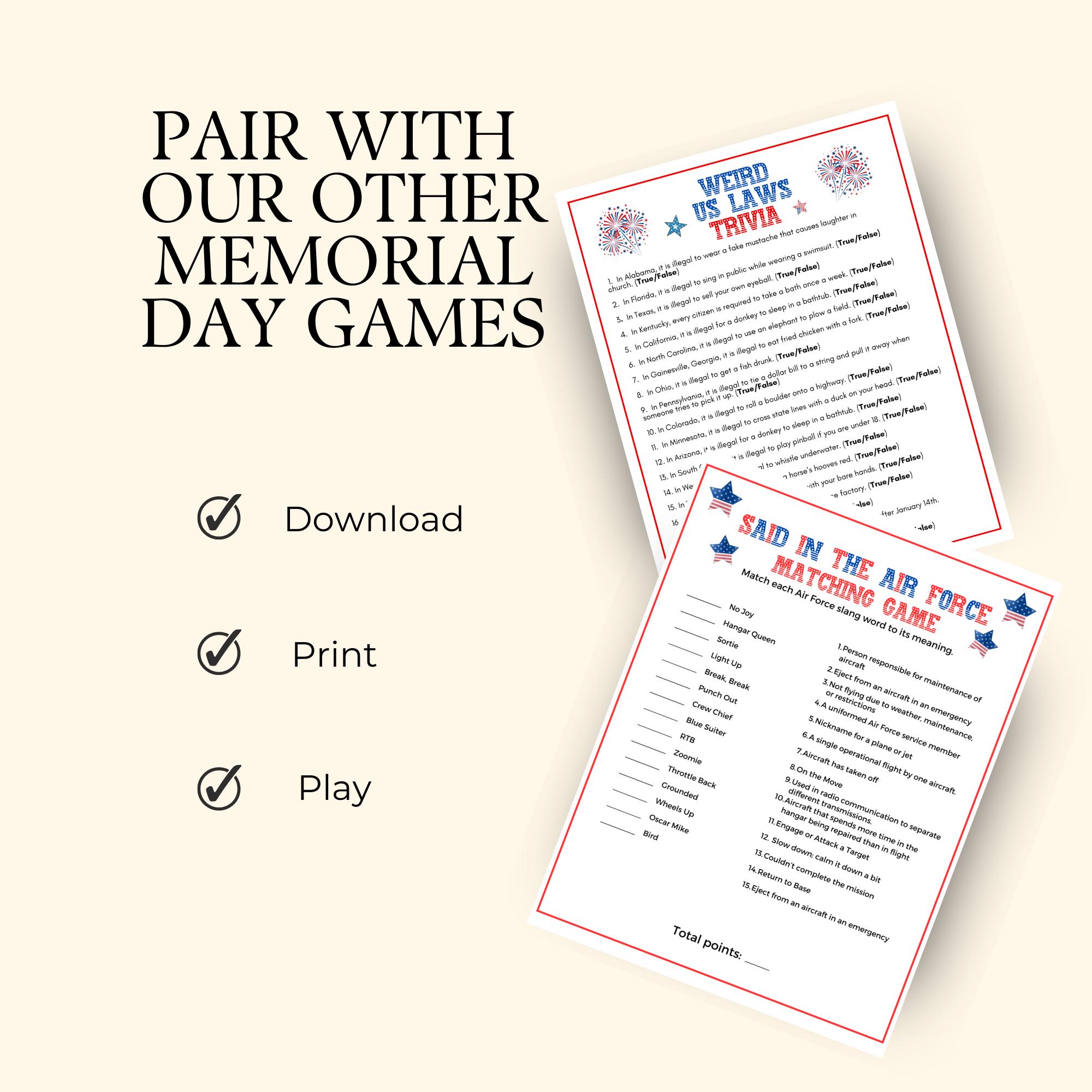 Memorial Day Trivia Printable, Memorial Day Celebration Activity ...