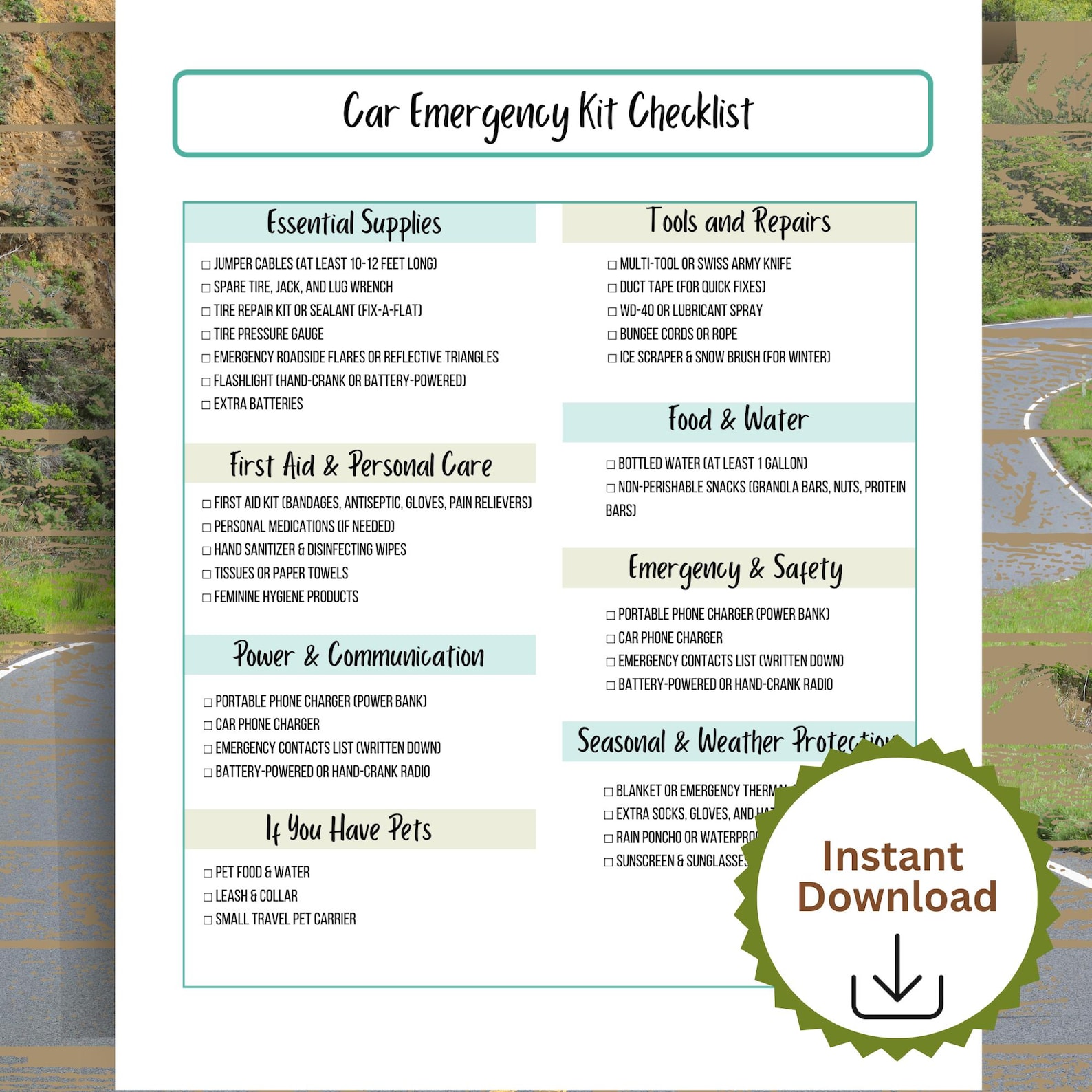 Car Emergency Kit Checklist Printable, Vehicle Emergency Kit Checklist ...