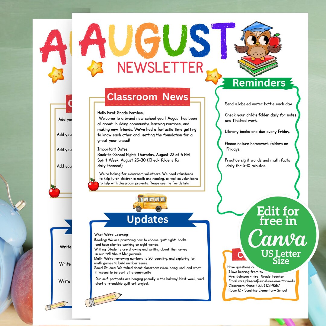 Editable August Newsletter Template Printable, PTO, PTA, Classroom ...