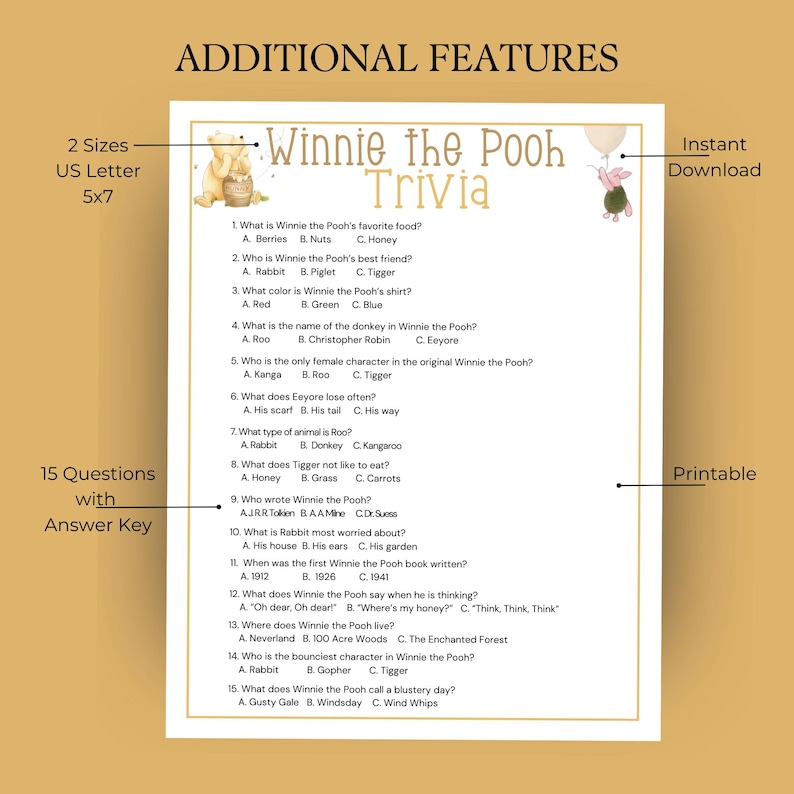 Printable Winnie the Pooh Trivia Game, Winnie the Pooh Baby Shower ...