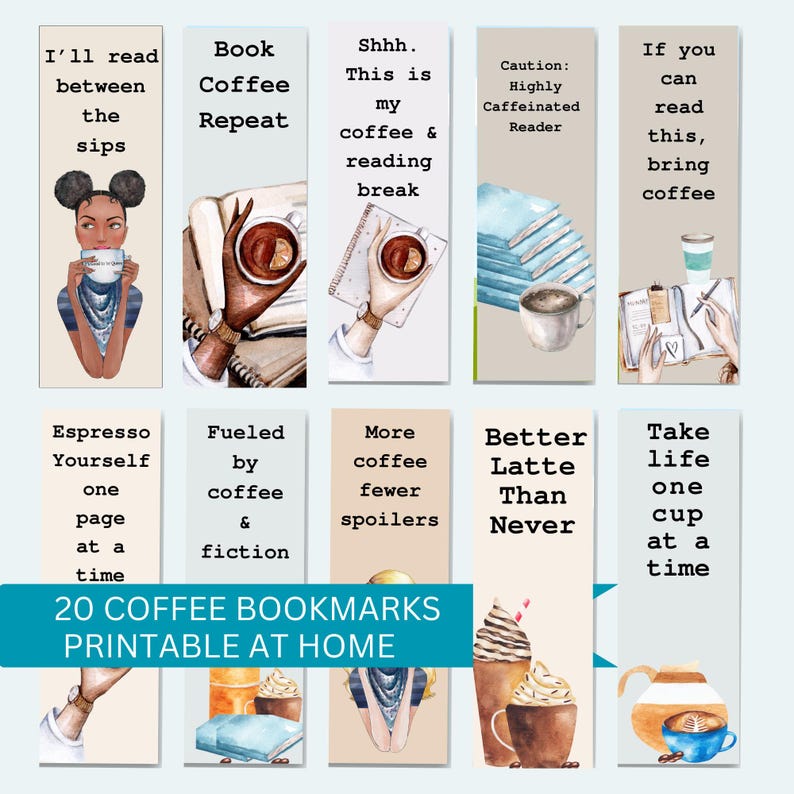 20 Coffee Bookmarks Printable, Funny Quotes Bookmark Set, Bookmarks for ...