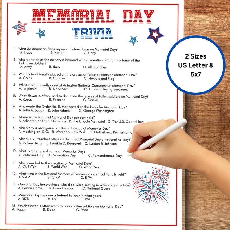 Memorial Day Trivia Printable, Memorial Day Celebration Activity ...