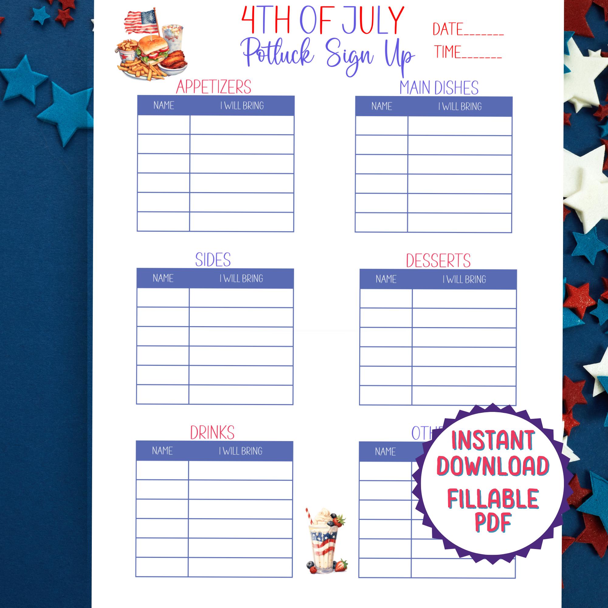 July 4th Potluck Sign up Sheet, Potluck Sign up Template, Fillable ...