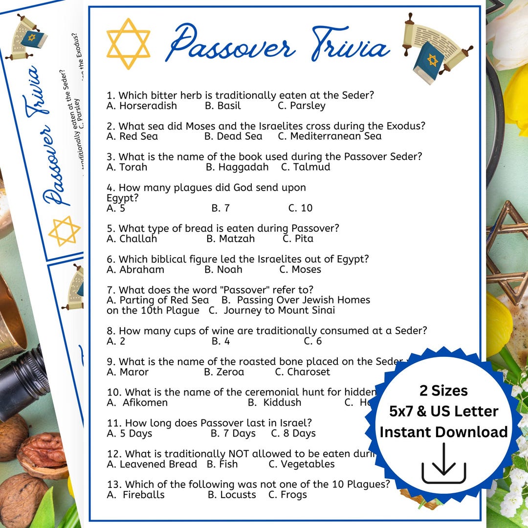 Passover Trivia Game Printable, Passover Holiday Party Game, Passover ...