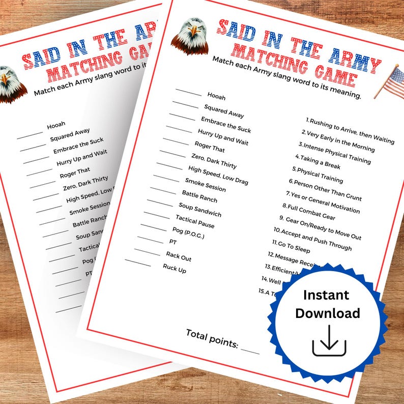 Printable Memorial Day Said in the Army Matching Game, Memorial Day ...