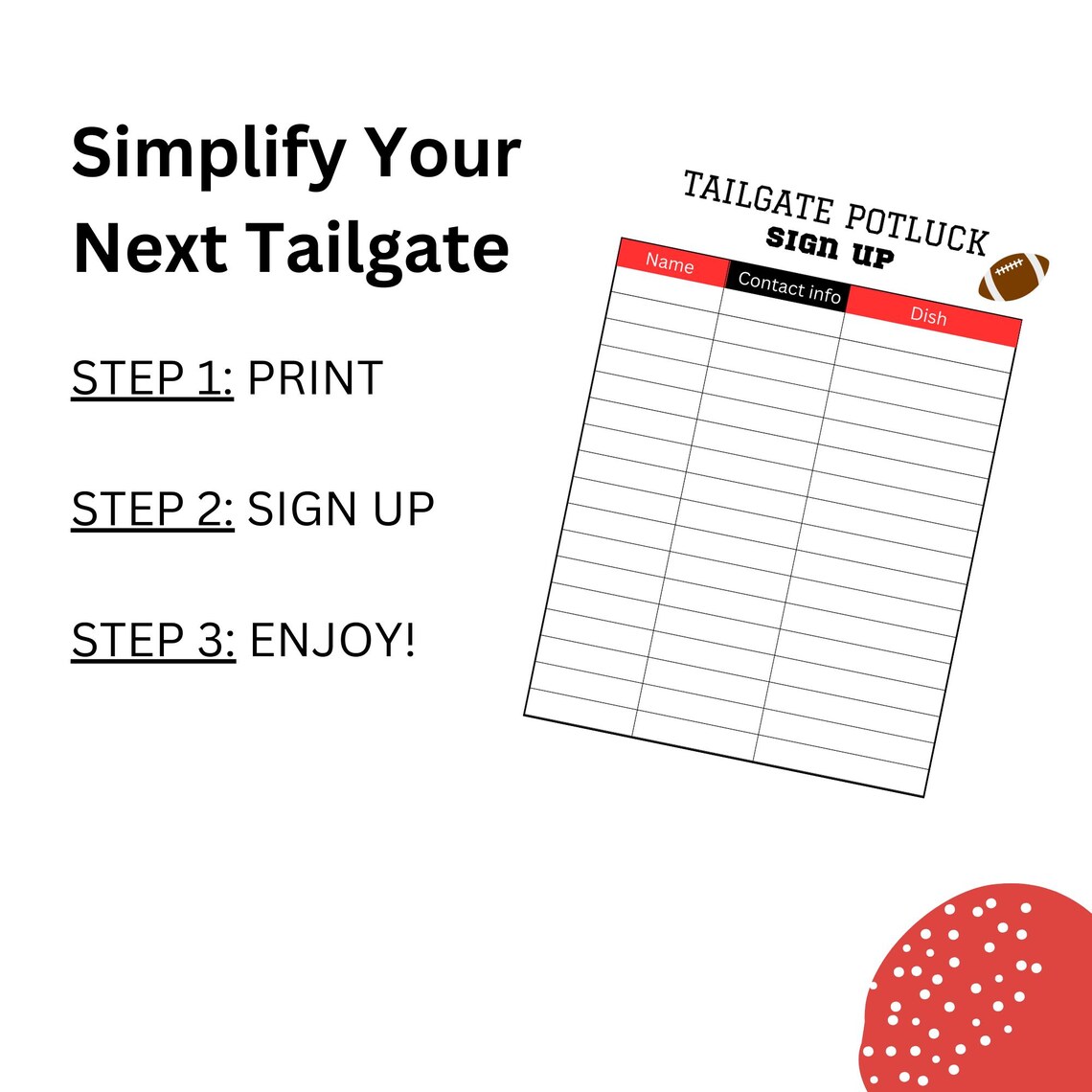 Game Day Tailgate Sign-up Sheet Football Party Printable Tailgating ...