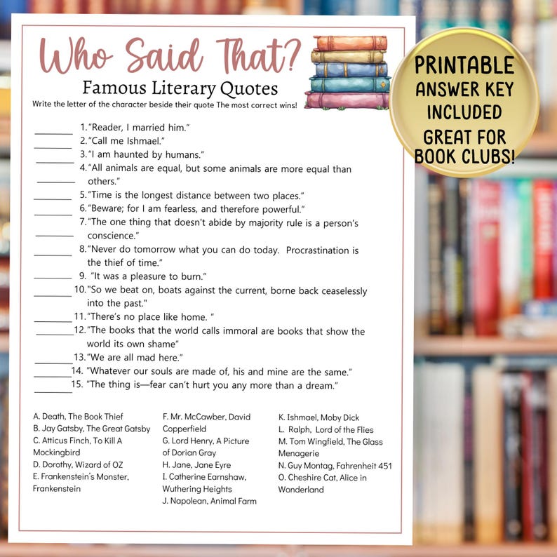 Classic Literature Quotes Matching Game, Classic Literature Trivia ...