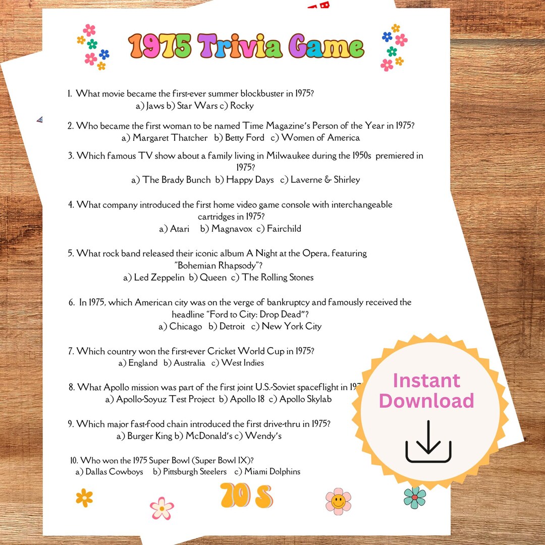 1975 Trivia Game Printable, 50th Birthday Party Games, Born in 1975 Fun ...
