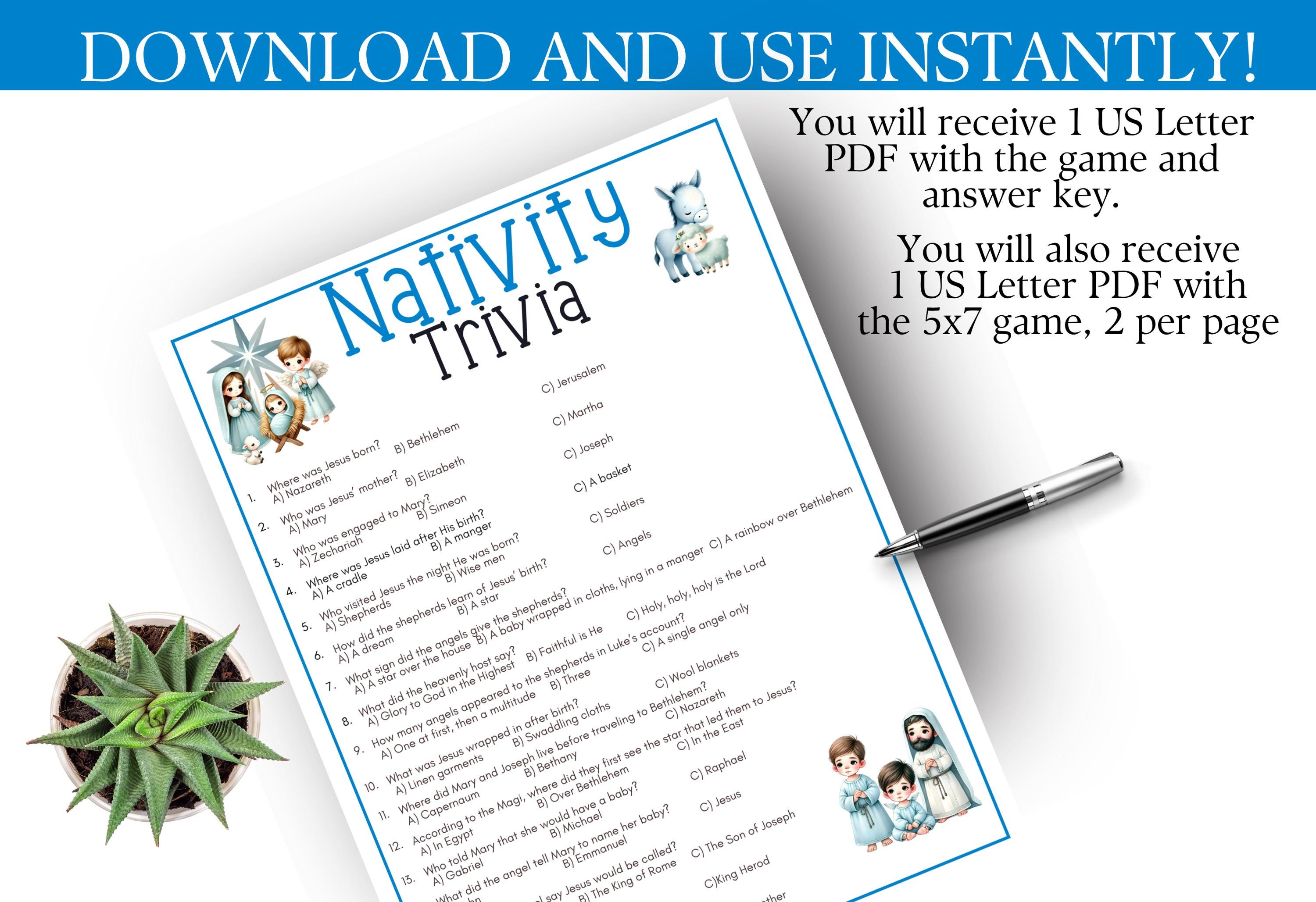 Easy Nativity Trivia Game Printable, Christmas Bible Quiz for Kids ...