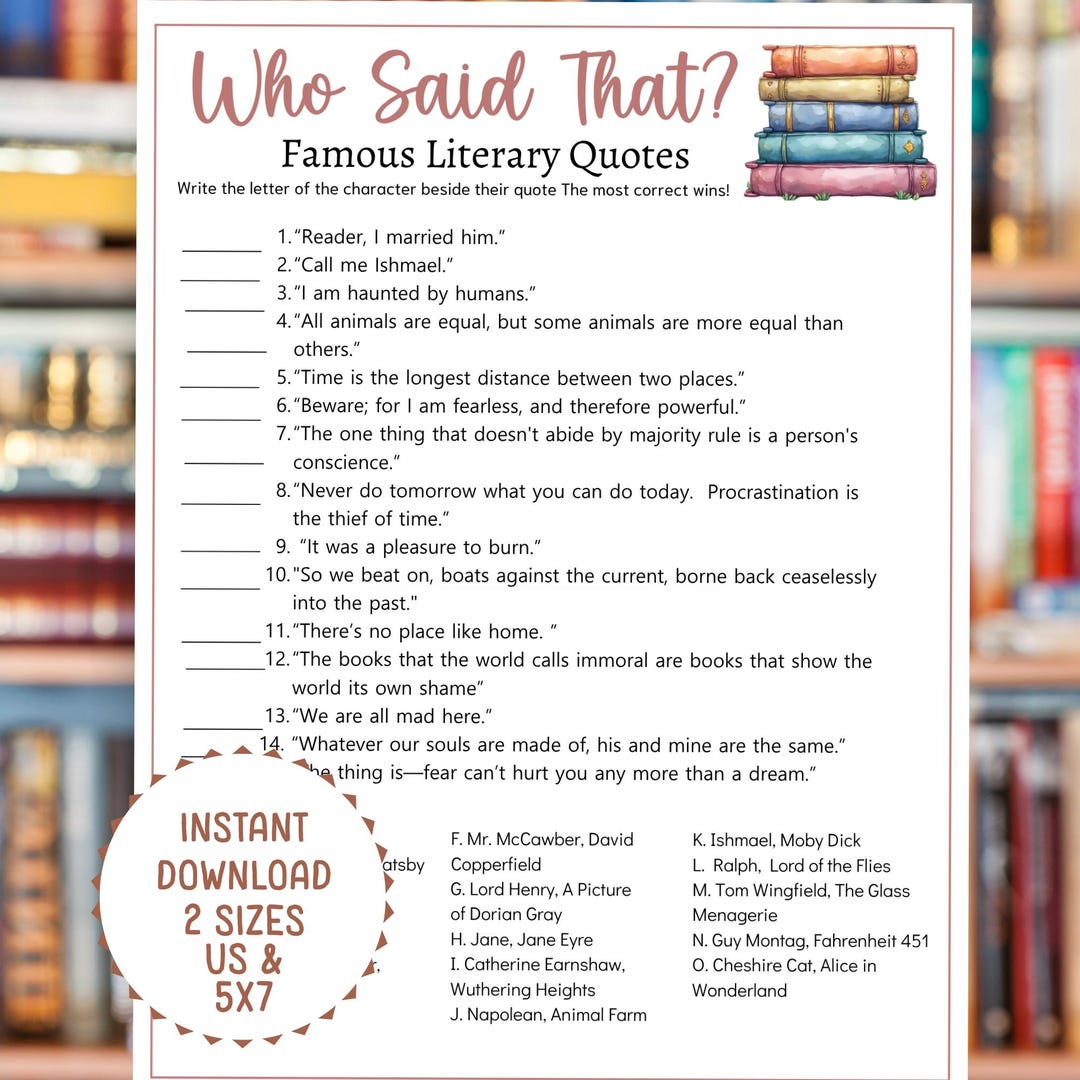 Classic Literature Quotes Matching Game, Classic Literature Trivia ...