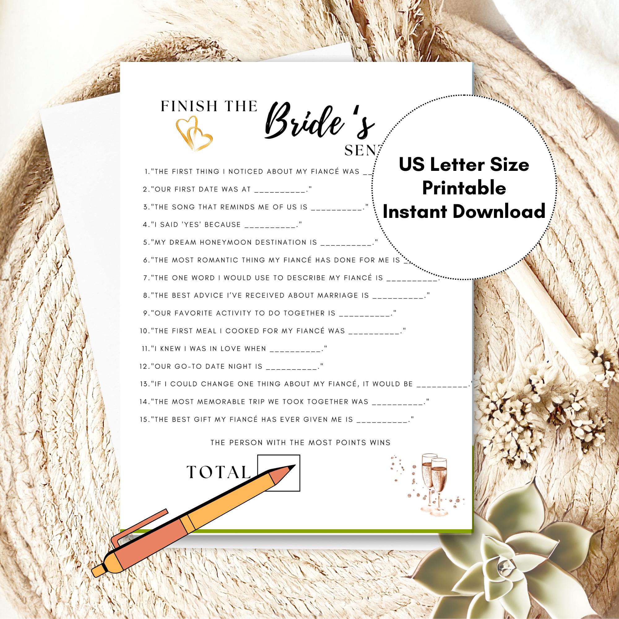 Finish the Bride's Sentence Printable, Finish the Bride's Phrase Game ...