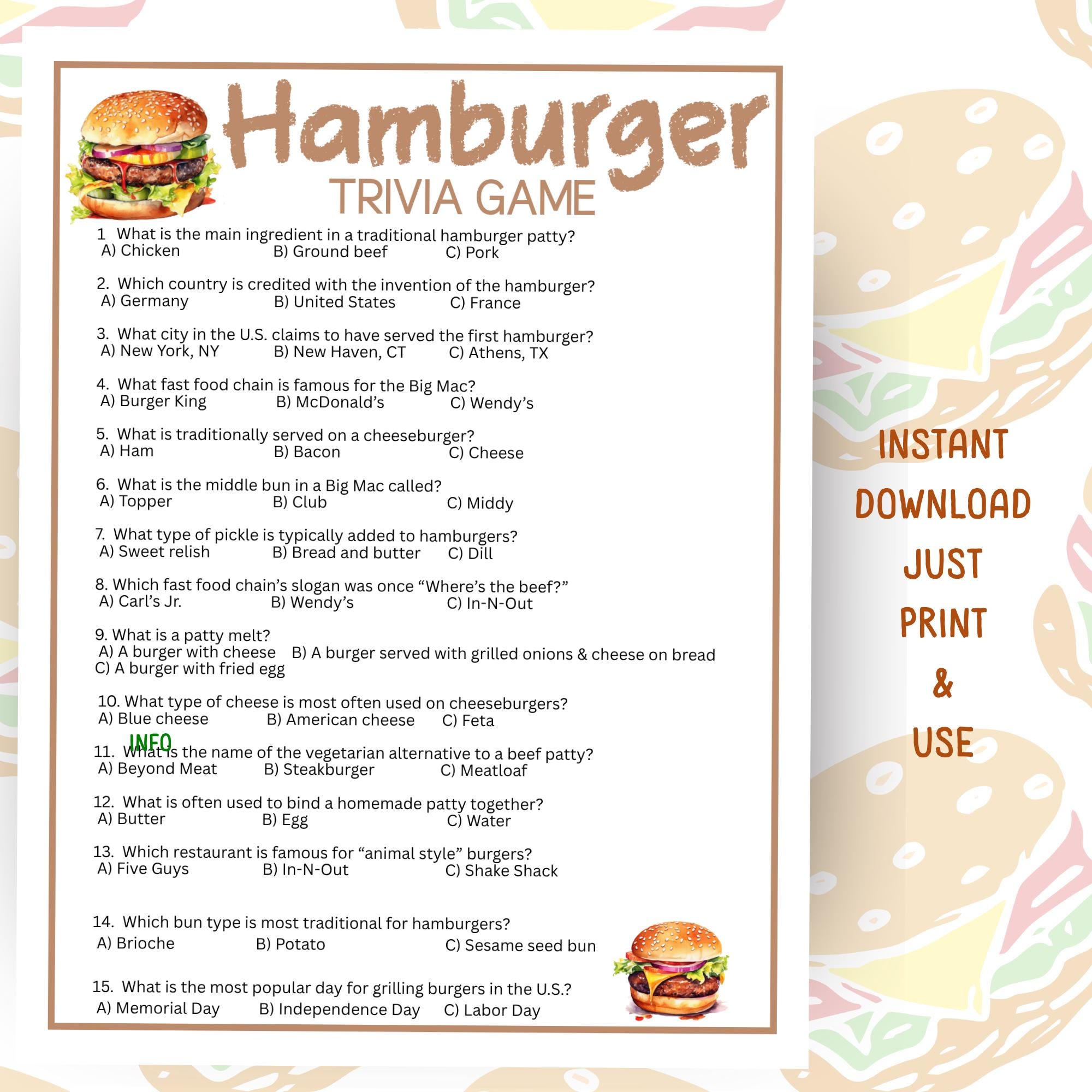 Hamburger Trivia Questions and Answers Printable, Hamburger Quiz ...