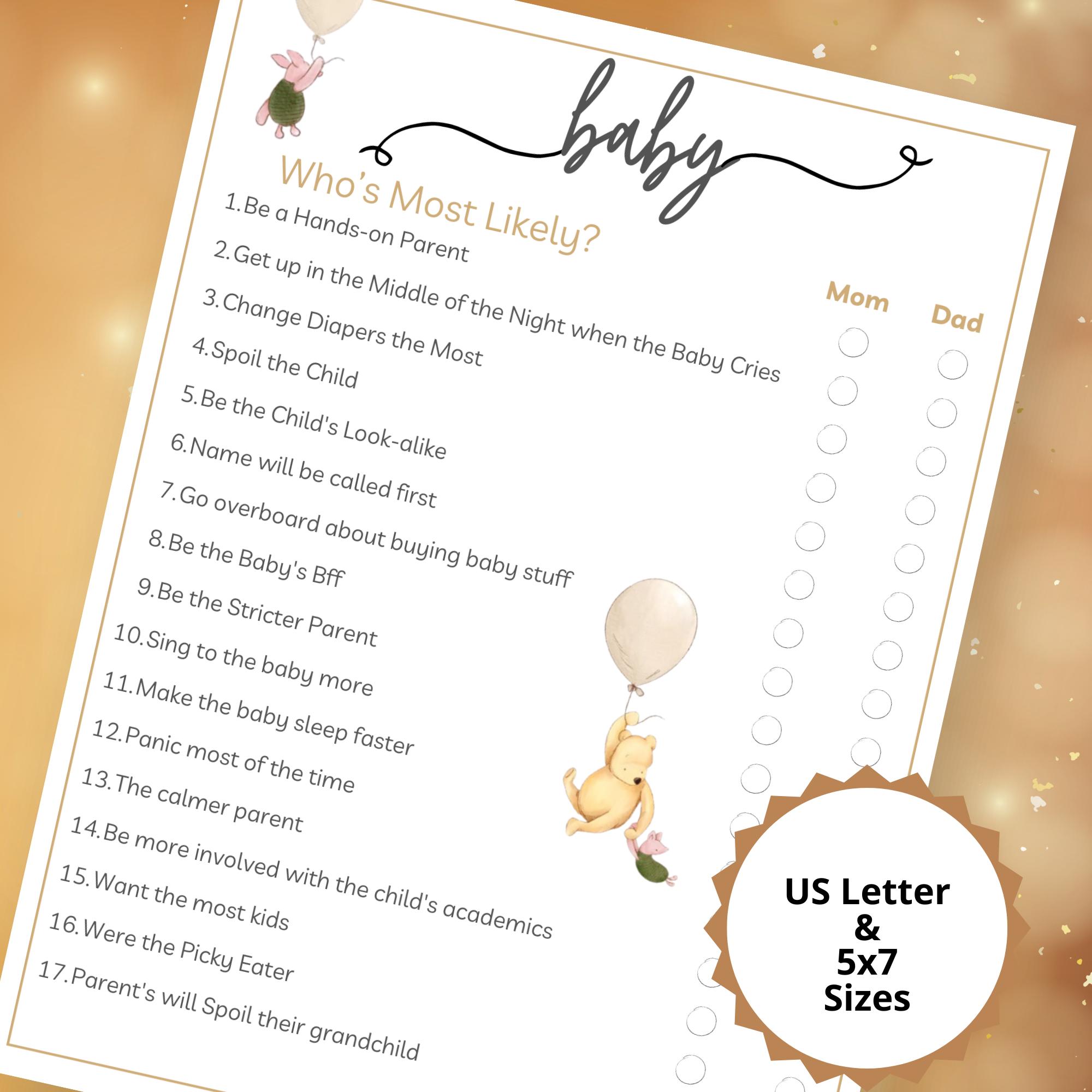 Printable Winnie the Pooh Baby Shower Game, Who's Most Likely Baby ...