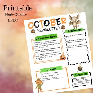 Editable October Newsletter Template Printable, PTO, PTA, Classroom ...
