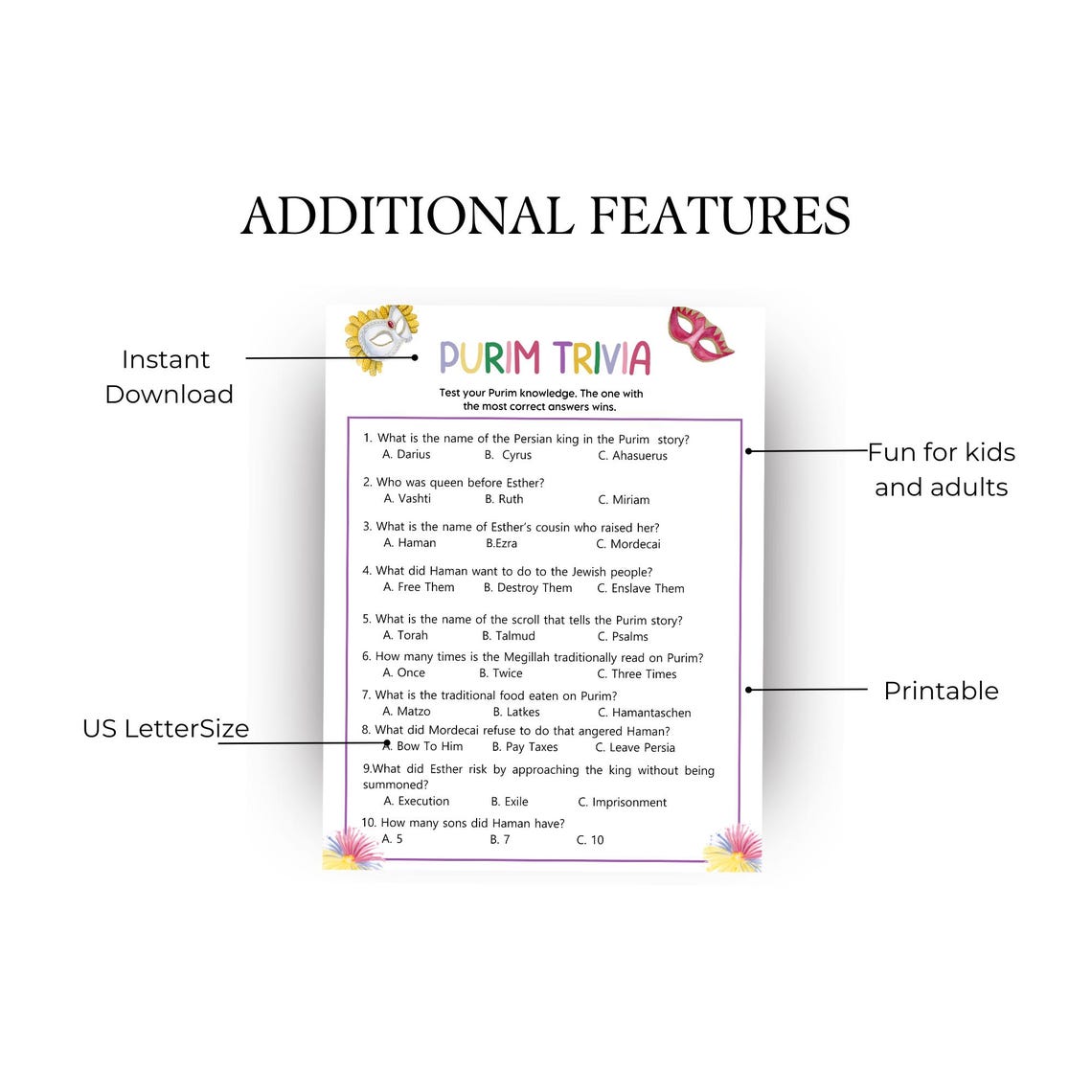 Purim Trivia Game Printable, Purim Games for Kids, Purim Party Games ...