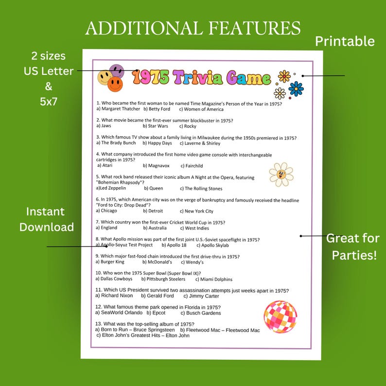 1975 Trivia Game Printable, 50th Birthday Party Games, Born in 1975 Fun ...