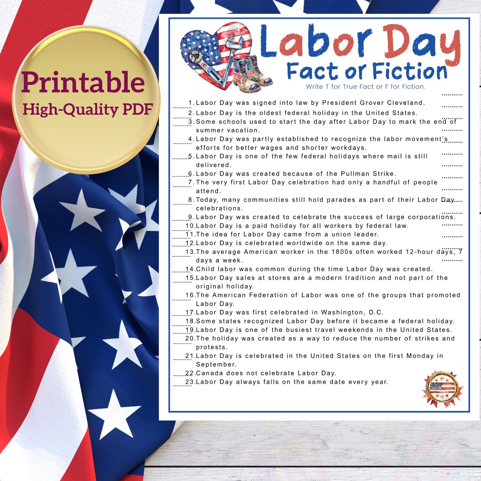 Labor Day Fact or Fiction Game Printable, Labor Day Trivia Quiz, Labor ...