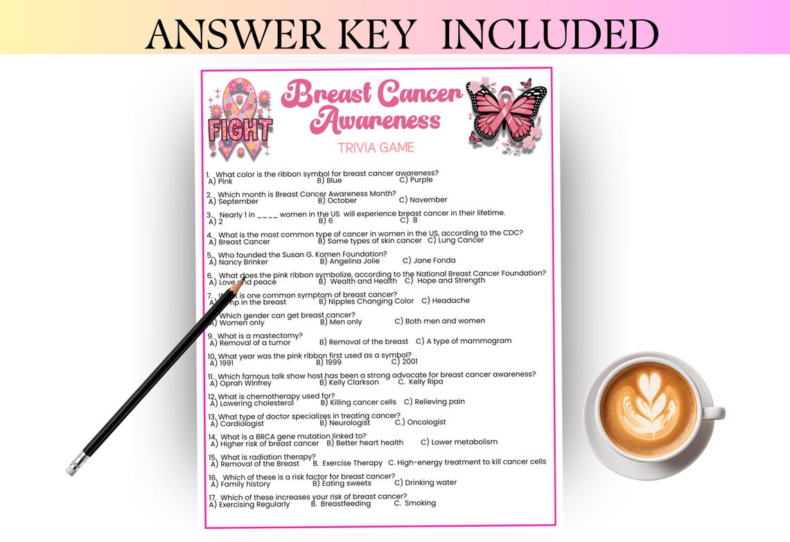 Breast Cancer Awareness Trivia Printable, Pink Ribbon Fundraiser Party ...