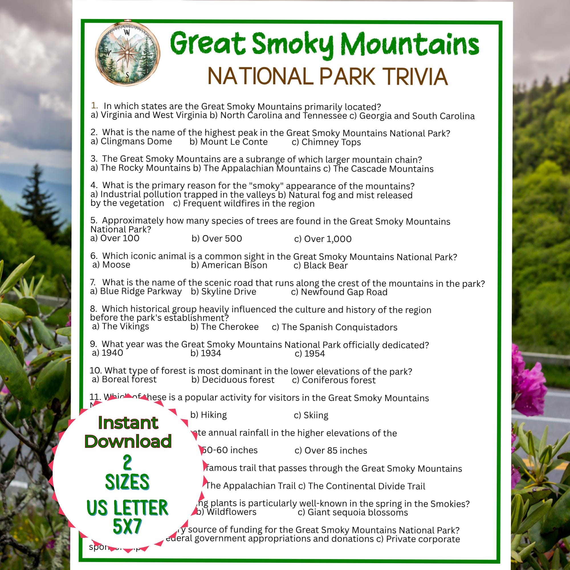 Great Smoky Mountains National Park Trivia Game Printable, National ...