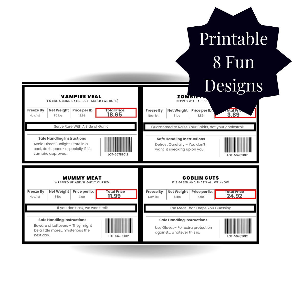 Printable Fake Meat Labels for Halloween, Halloween Meat Labels ...
