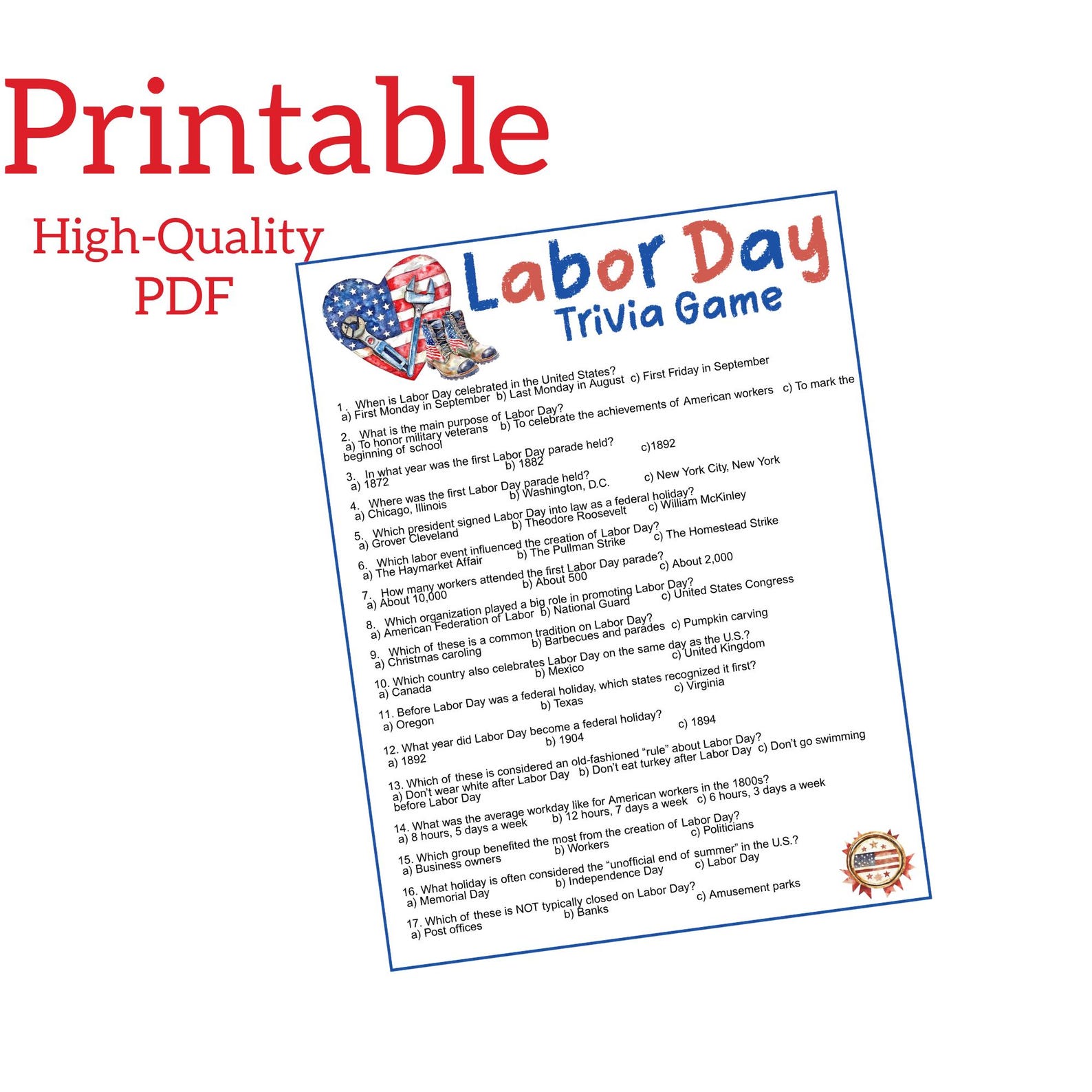 Labor Day Trivia Game Printable, Labor Day Games for Adults, Labor Day ...