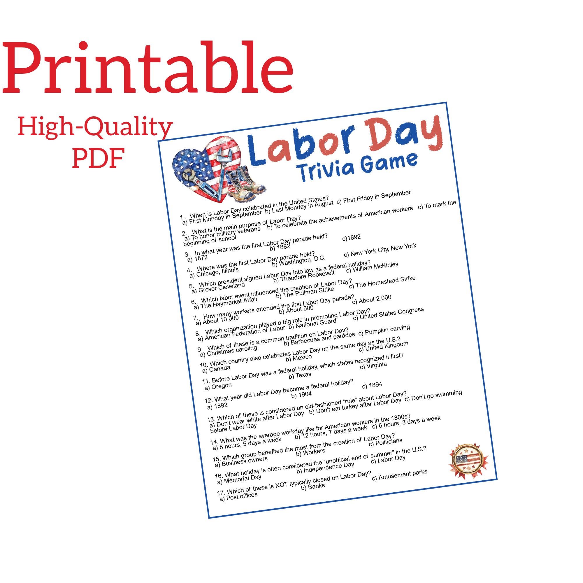 Labor Day Trivia Game Printable, Labor Day Games for Adults, Labor Day ...