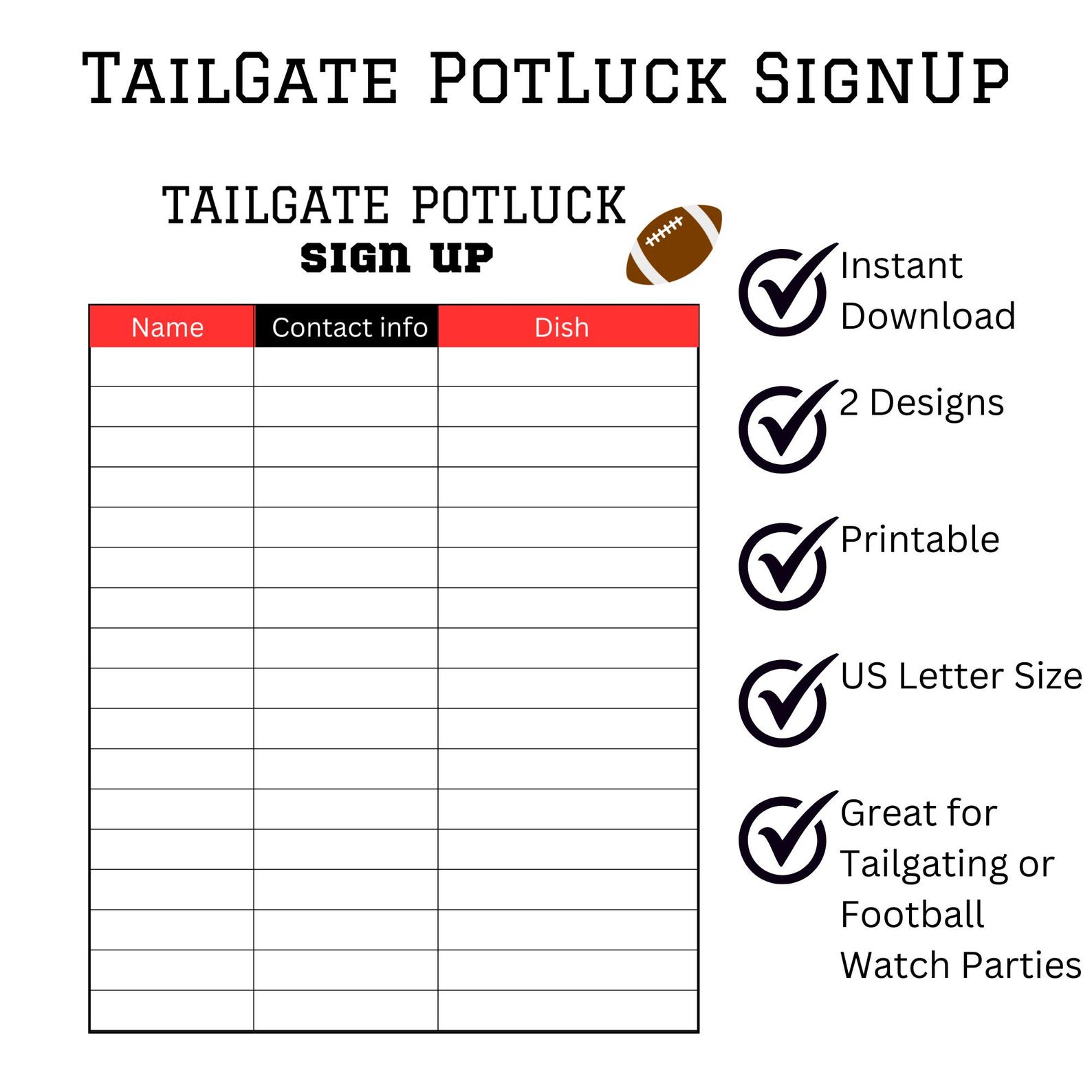 Game Day Tailgate Sign-up Sheet Football Party Printable Tailgating ...