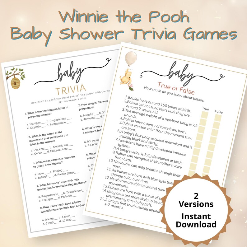 2 Printable Winnie the Pooh Baby Shower Trivia Games, Baby Trivia Games ...