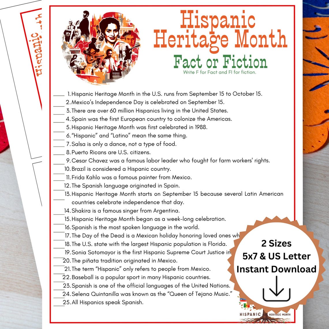 Hispanic Heritage Month Fact or Fiction Game Printable, Hispanic ...