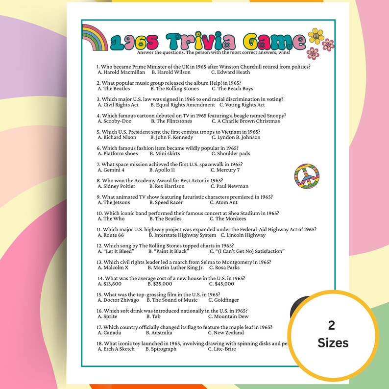 1965 Trivia Game Printable, 60th Birthday Party Games, Born in 1965 Fun ...