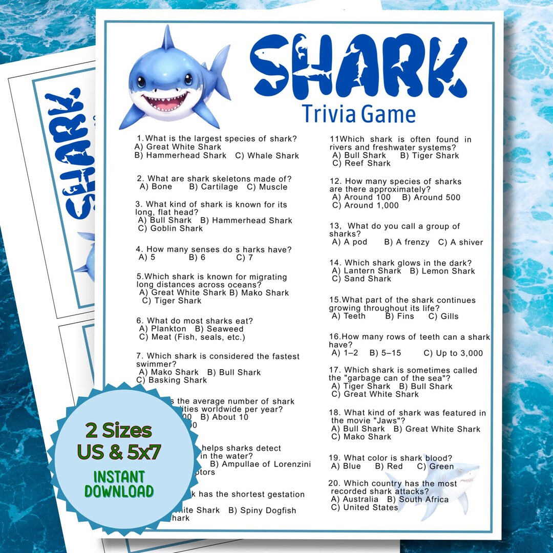 Shark Trivia Game Printable, Ocean Party Game, Shark Birthday Party ...