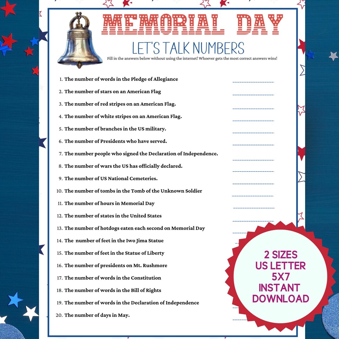 Memorial Day Let's Talk Numbers Game Printable, Memorial Day Games for ...