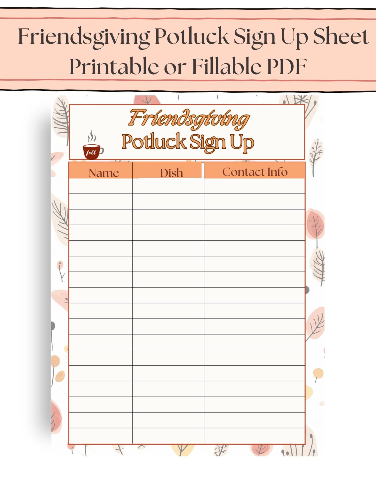 Printable Friendsgiving Potluck Sign up Sheet Editable Friendsgiving ...