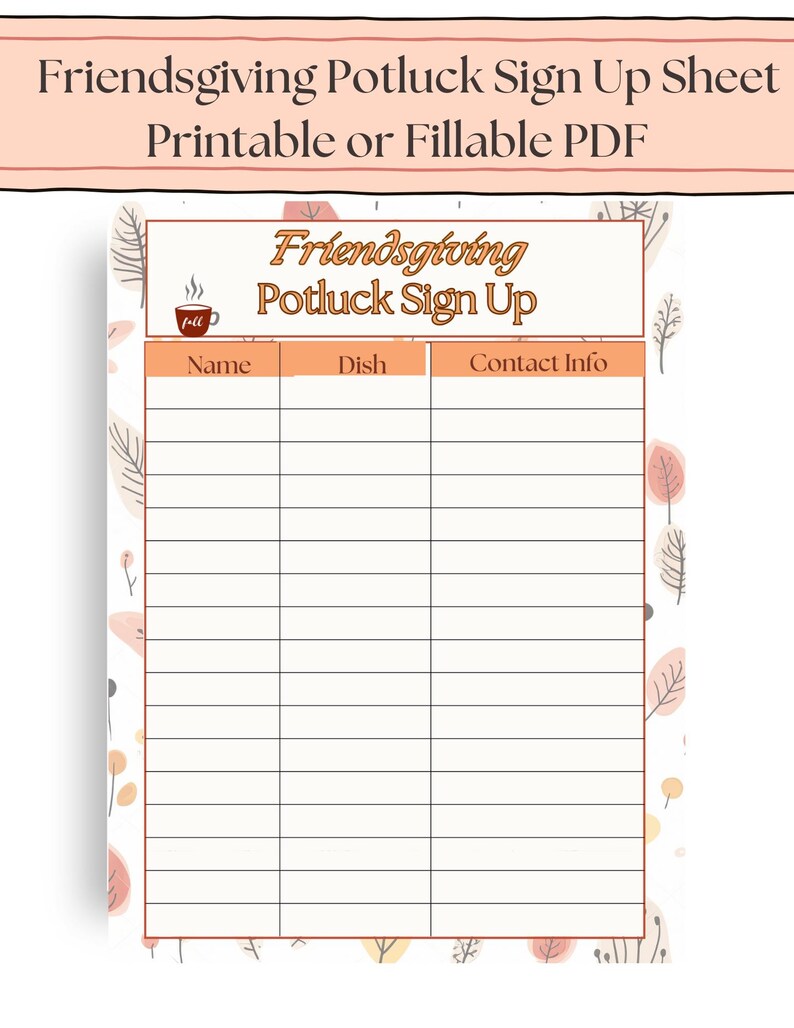 Printable Friendsgiving Potluck Sign up Sheet Editable Friendsgiving ...