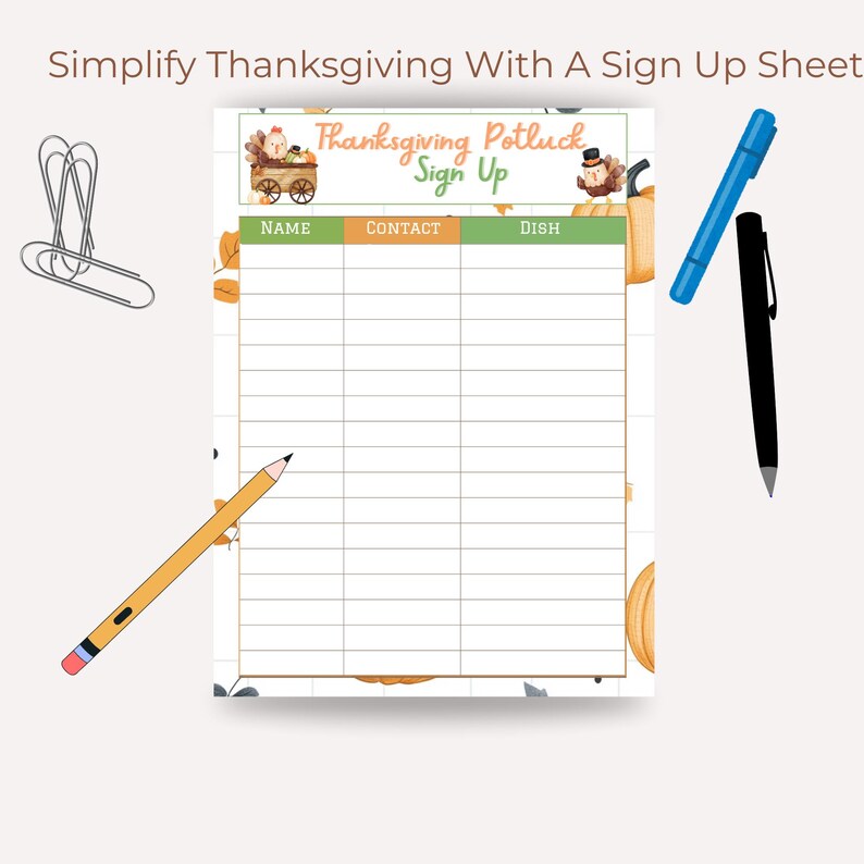 Thanksgiving Potluck Sign up Sheet Printable PDF | Office Holiday ...