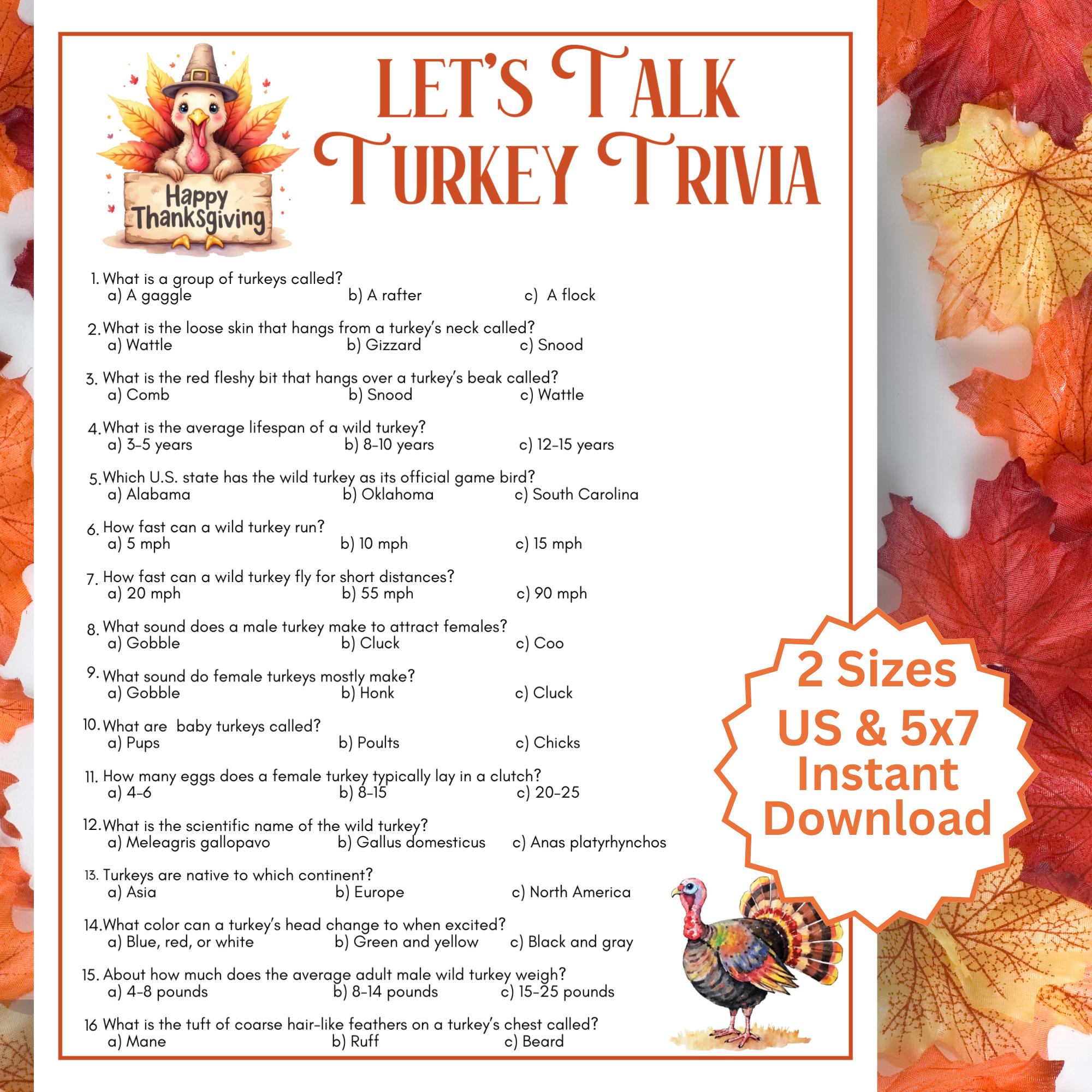 Turkey Trivia Quiz Printable, Thanksgiving Game, Fall Party Activity ...
