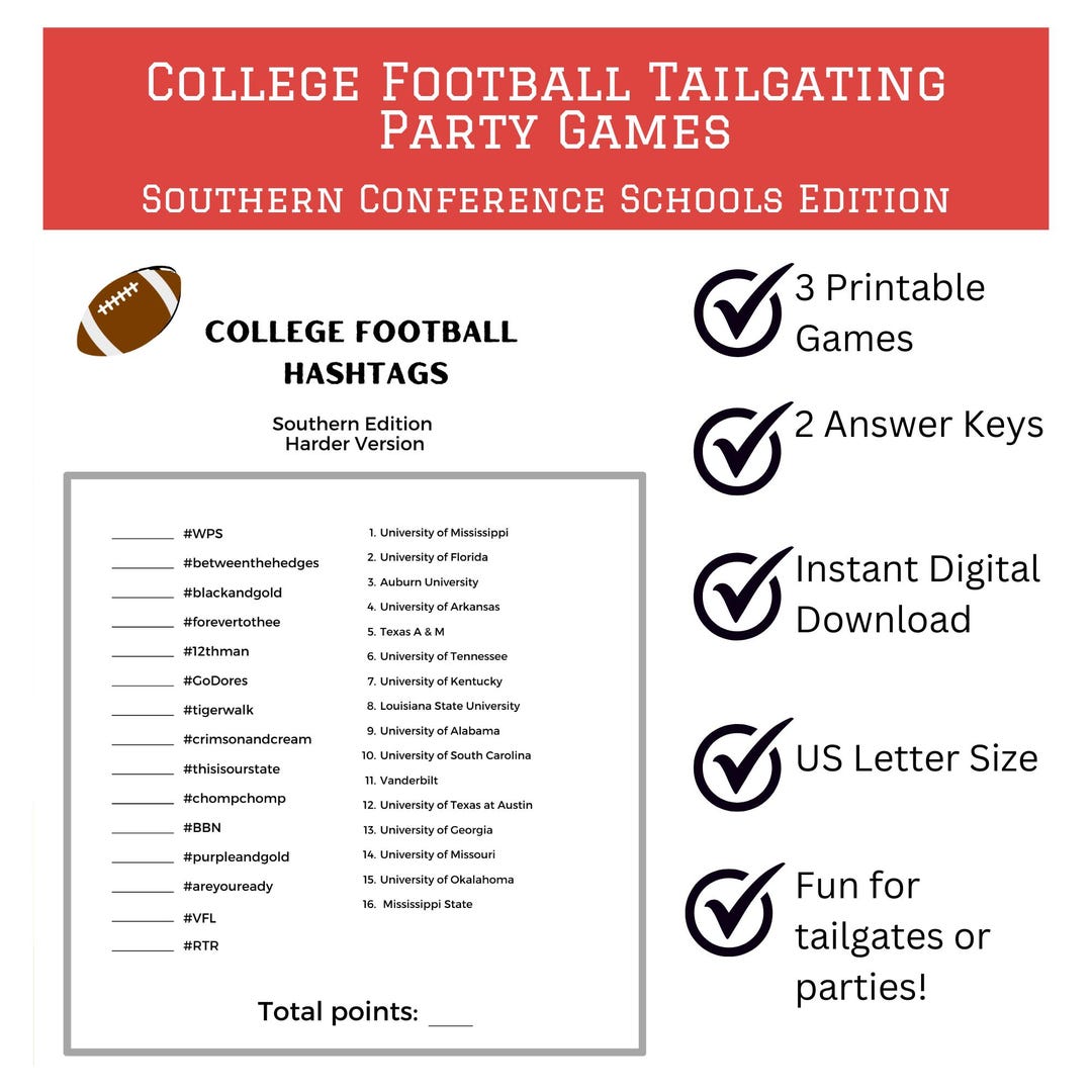 3 Printable College Football Tailgate Games southern Colleges Edition ...