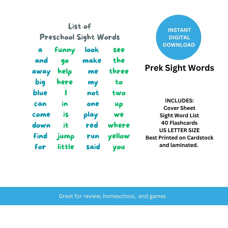 Pre-k Dolch Sight Words Printable Early Literacy Flashcards Homeschool ...