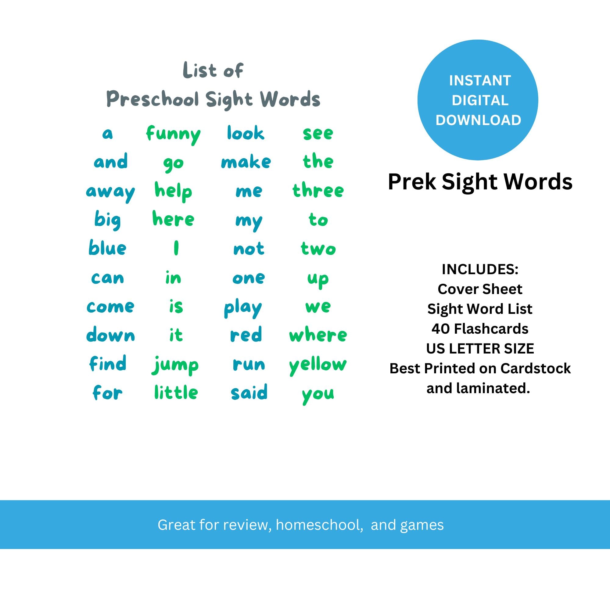 Pre-k Dolch Sight Words Printable Early Literacy Flashcards Homeschool ...