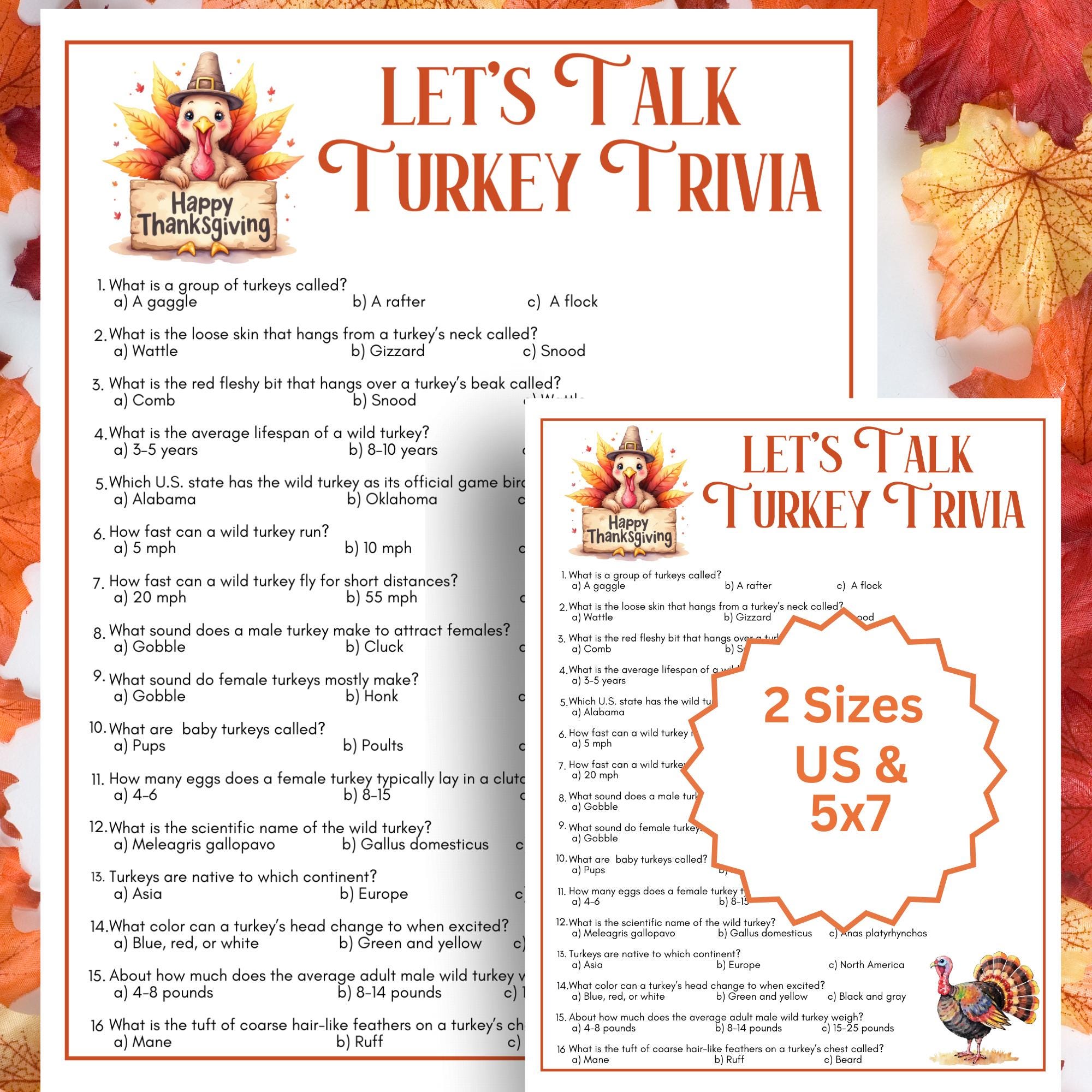 Turkey Trivia Quiz Printable, Thanksgiving Game, Fall Party Activity ...