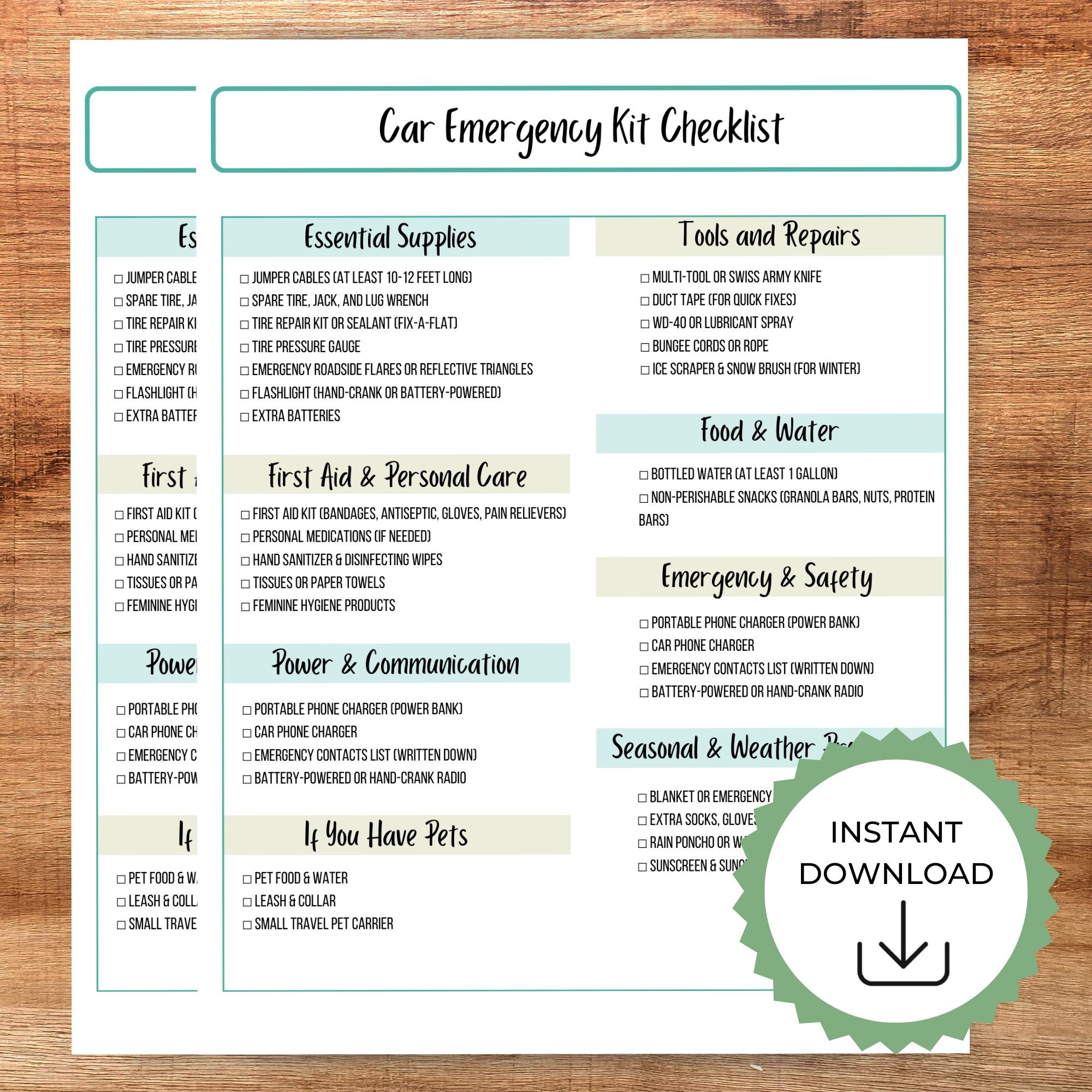Car Emergency Kit Checklist Printable, Vehicle Emergency Kit Checklist ...