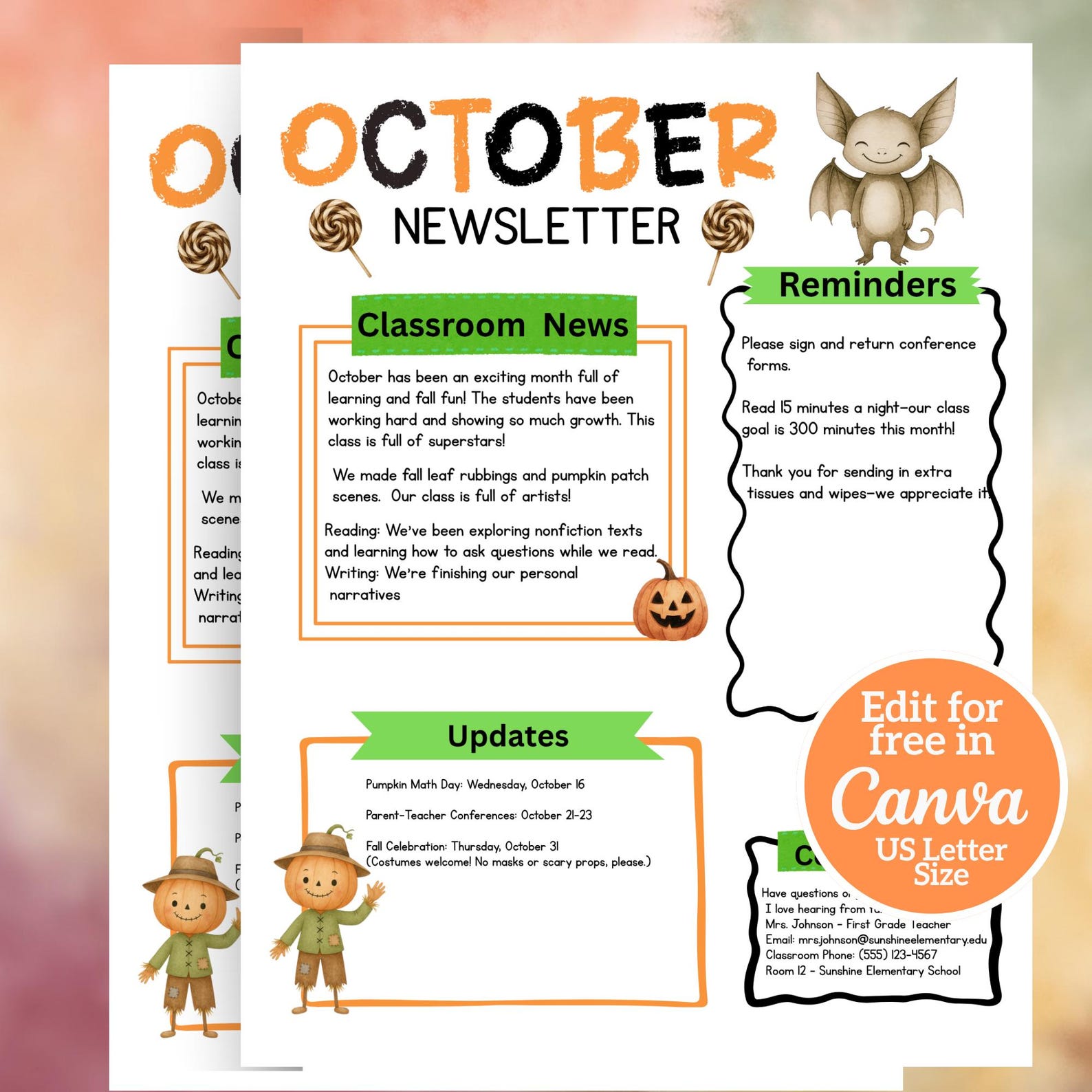 Editable October Newsletter Template Printable, PTO, PTA, Classroom ...