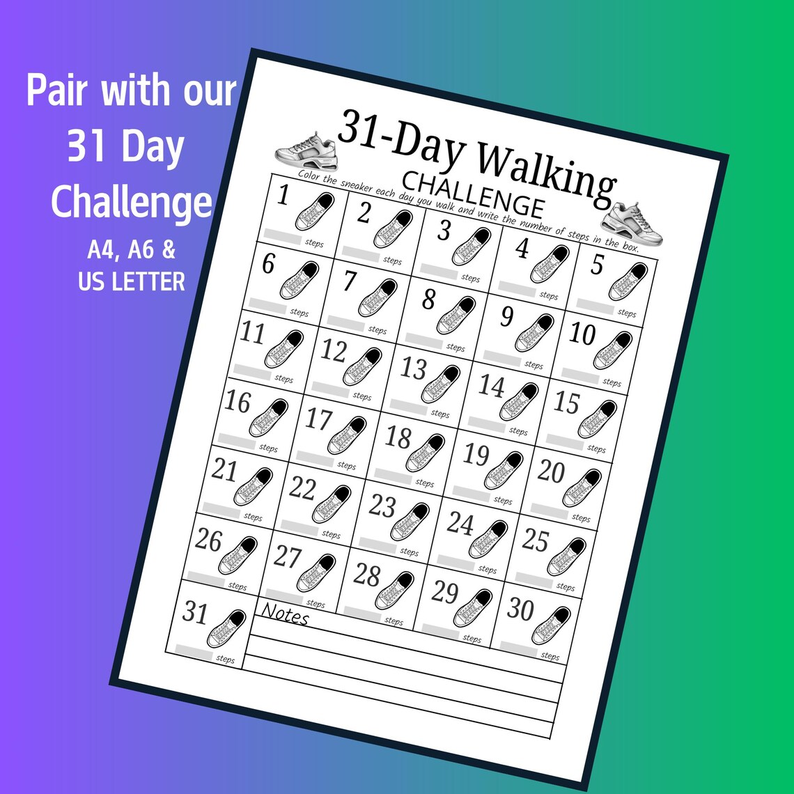 31 Day Step Tracker Monthly Challenge Printable, Walking Challenge ...