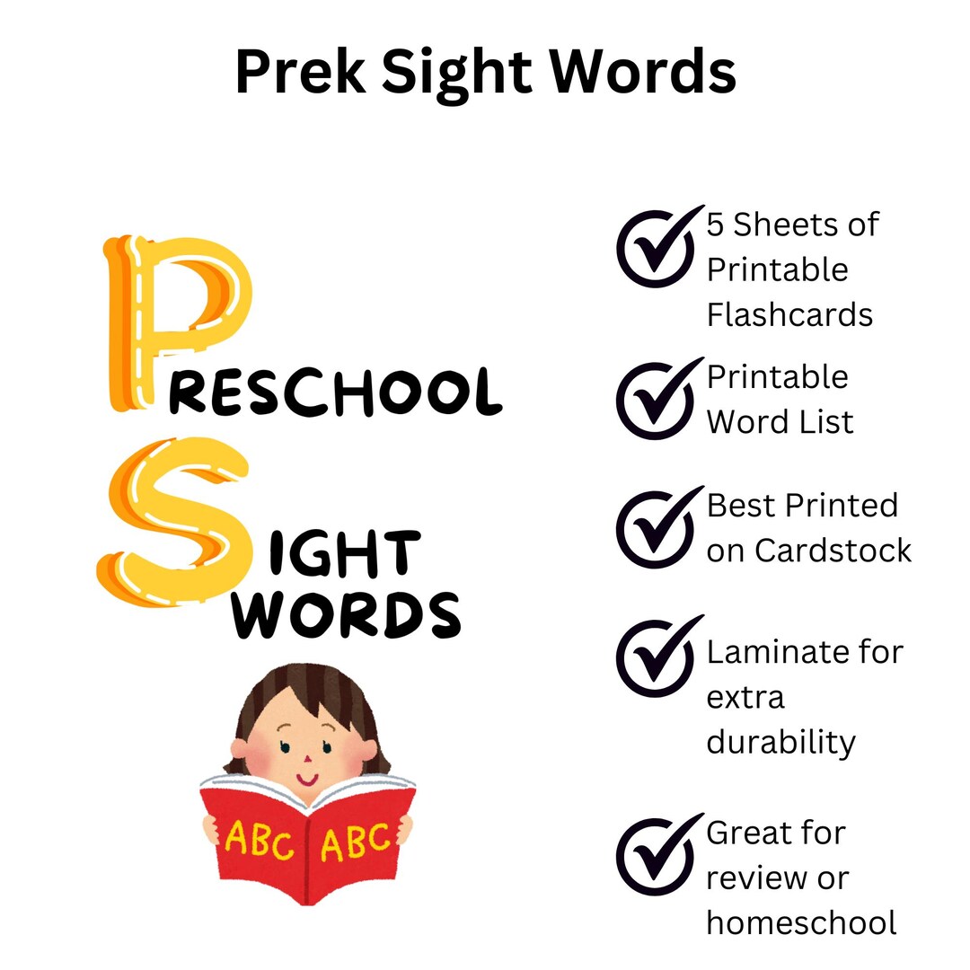 Pre-k Dolch Sight Words Printable Early Literacy Flashcards Homeschool ...