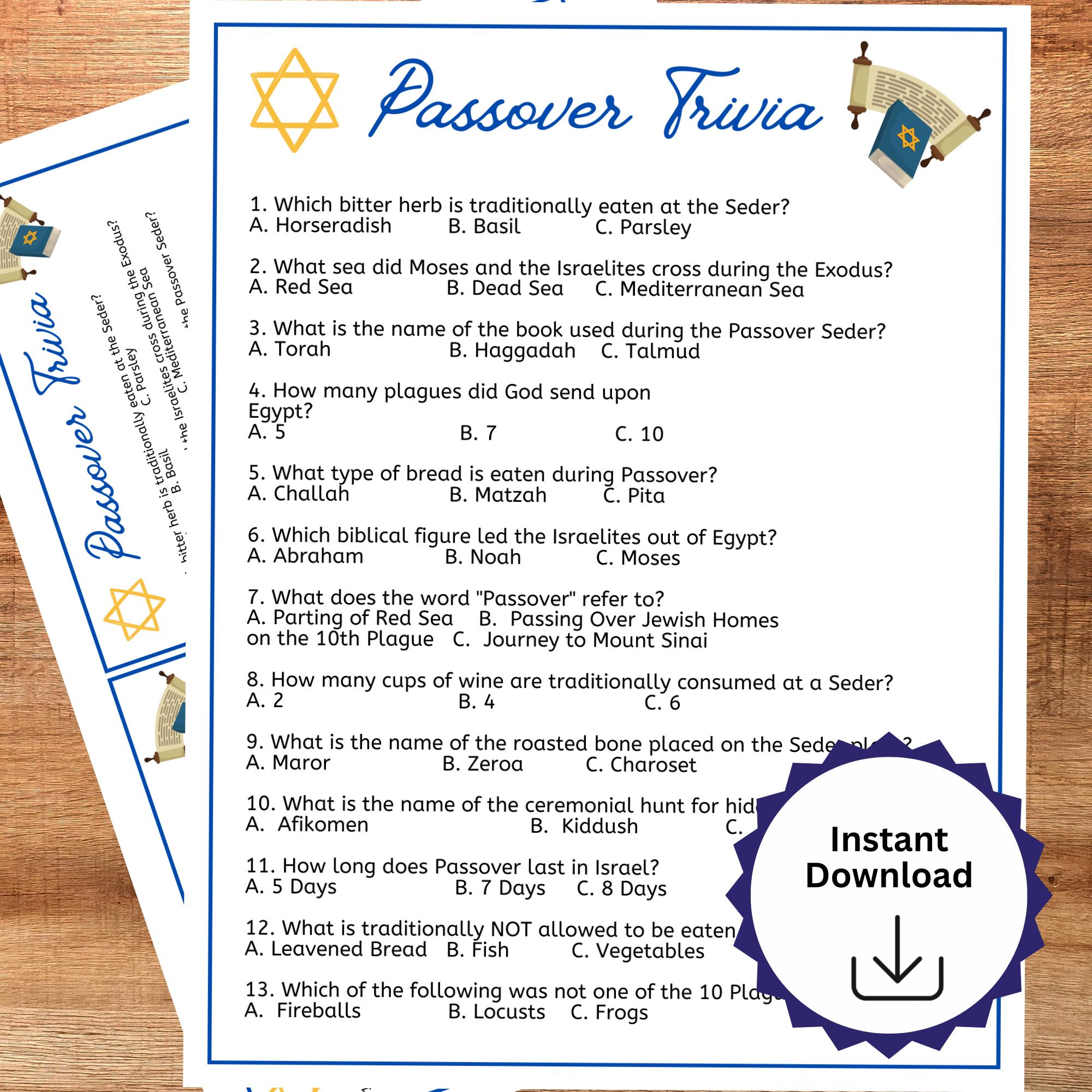 Passover Trivia Game Printable, Passover Holiday Party Game, Passover ...