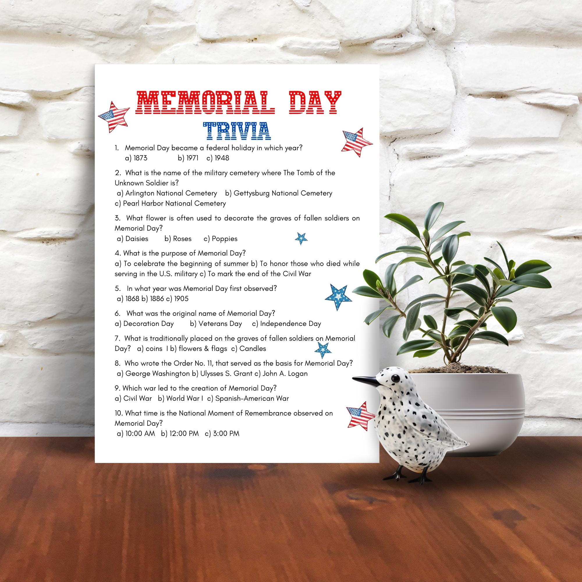 Memorial Day Trivia Printable, Memorial Day Celebration Activity ...